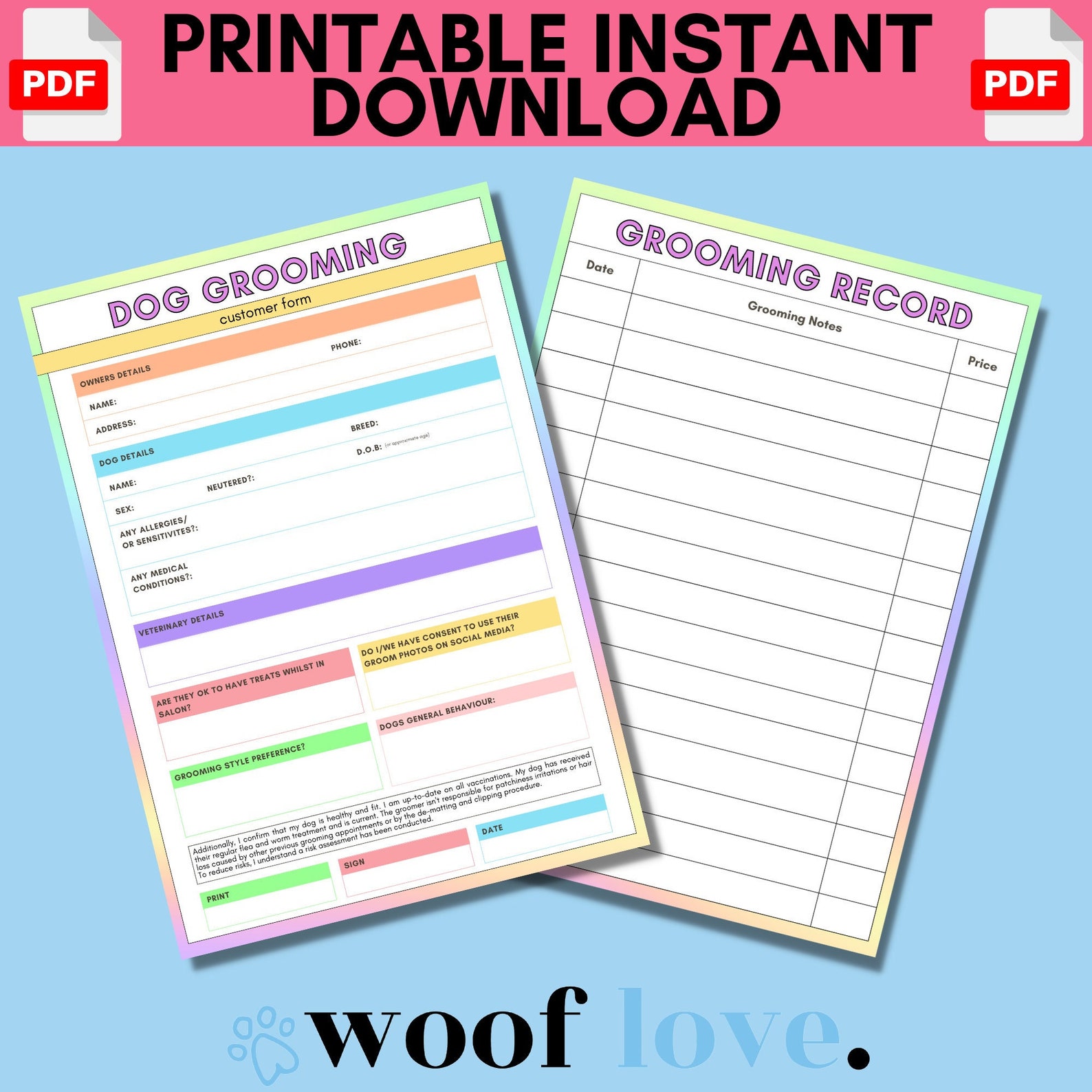 Printable Dog Grooming Form | Rainbow Edition (PDF Format) - Etsy