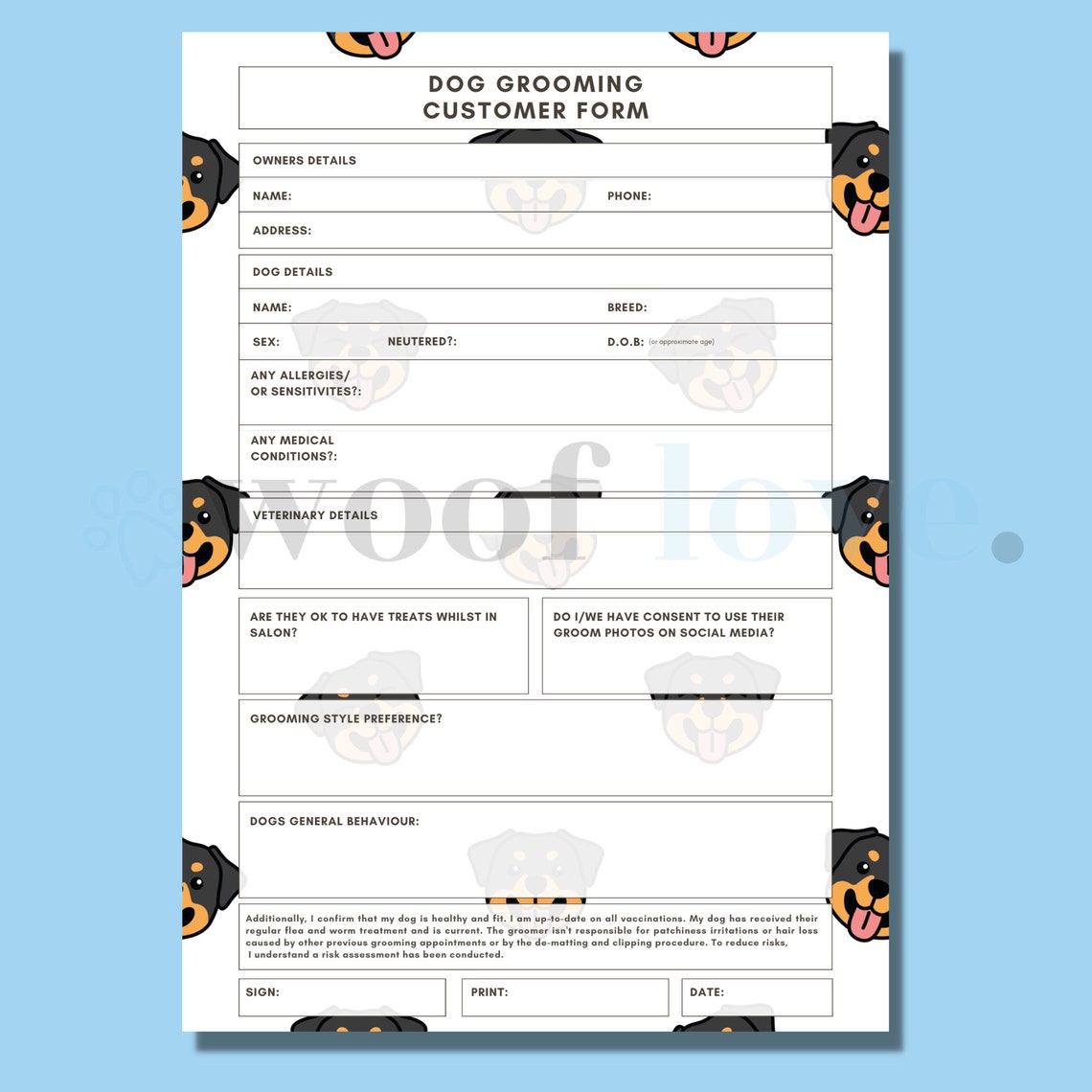 Printable Dog Grooming Form (rottweiler) | Mobile Dog Grooming Template ...