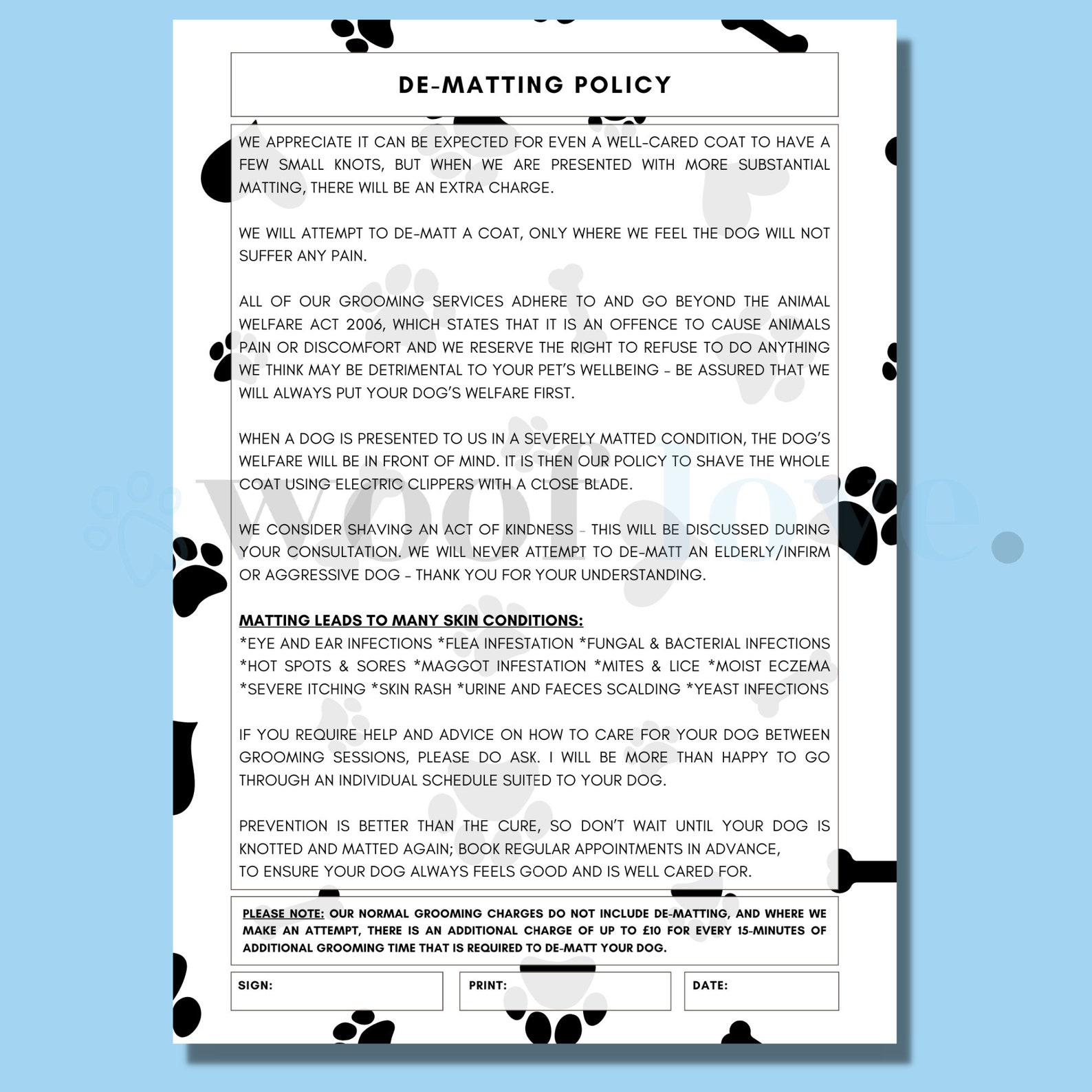 Printable Dog Grooming De Matting Policy PAW EDITION Mobile Dog ...