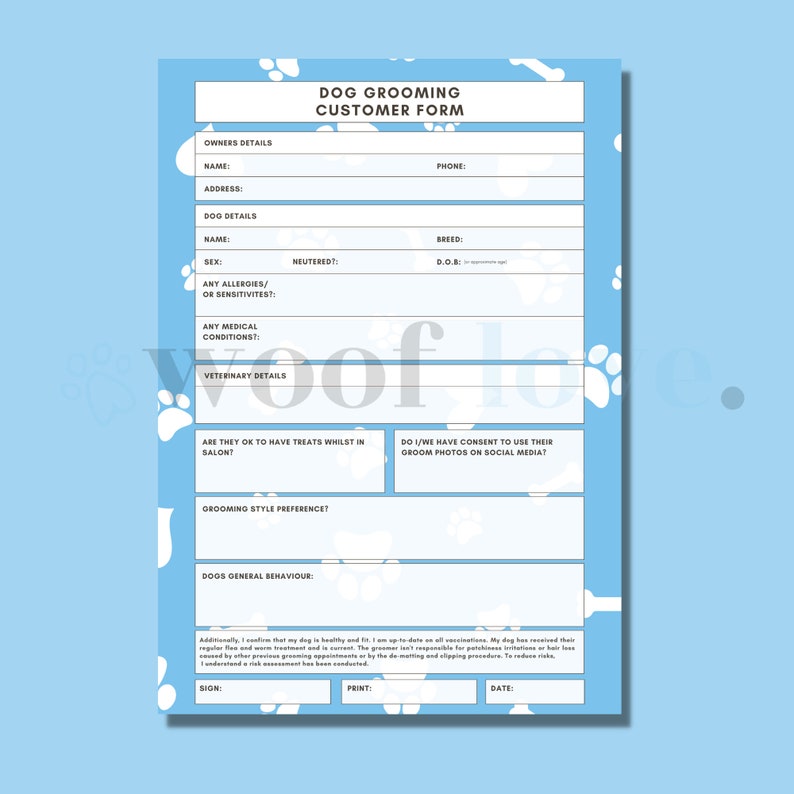 Printable Dog Grooming Form (PAW EDITION) | Mobile Dog Grooming ...