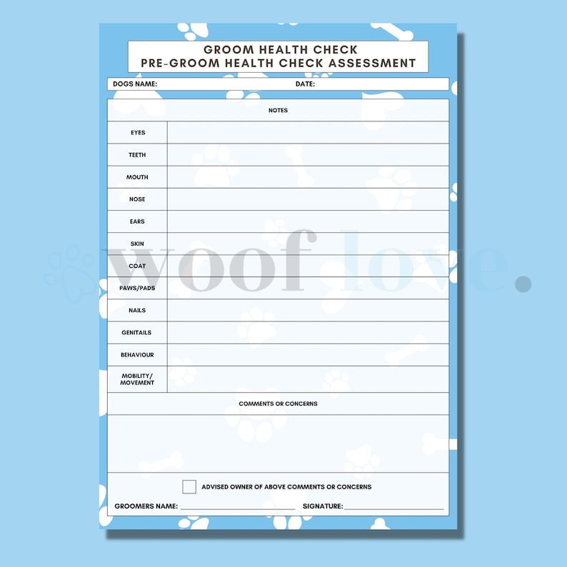 Printable Dog Grooming Health Check Form (PAW EDITION) | Dog Grooming ...