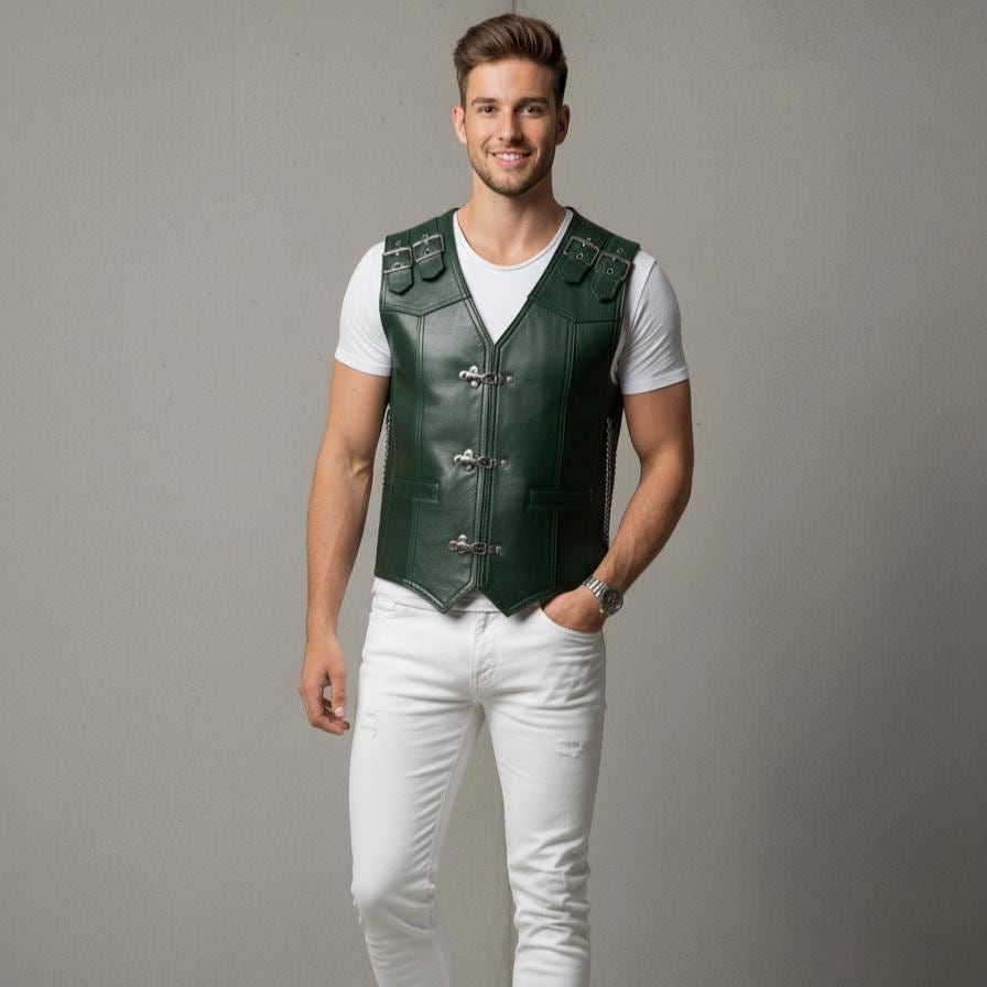Men's Black Leather Vest With Buckles, Biker Style Waistcoat - Etsy