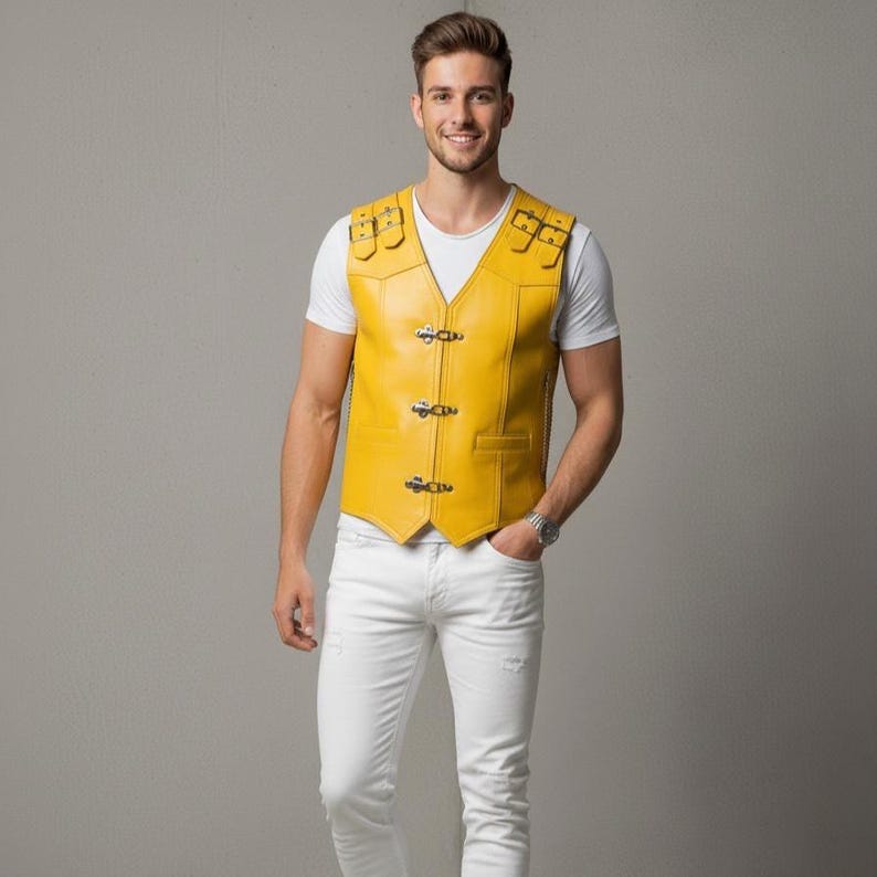Men's Black Leather Vest With Buckles, Biker Style Waistcoat - Etsy