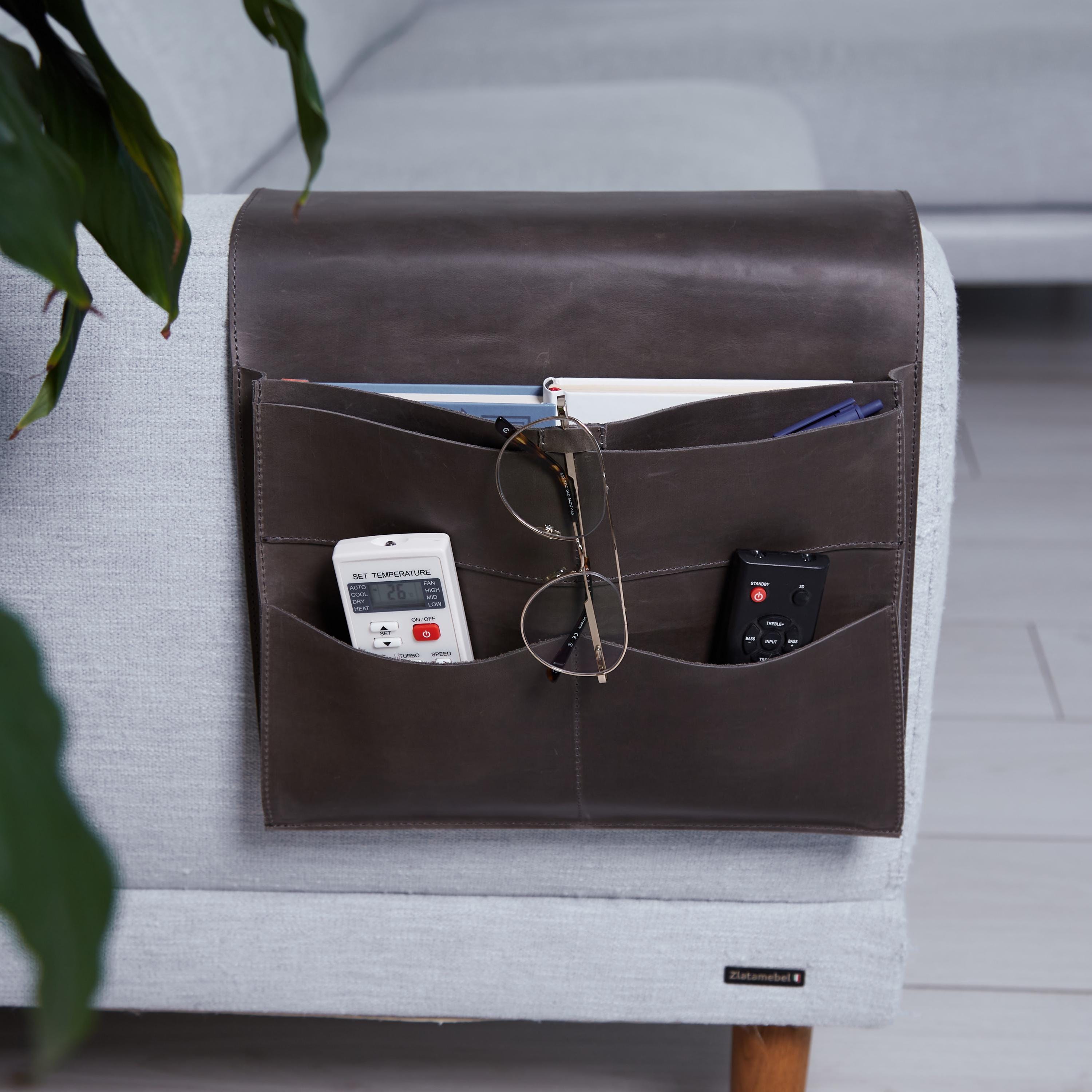 Personalized Green Leather Sofa Armrest Organizer: Remote & Book Holder ...
