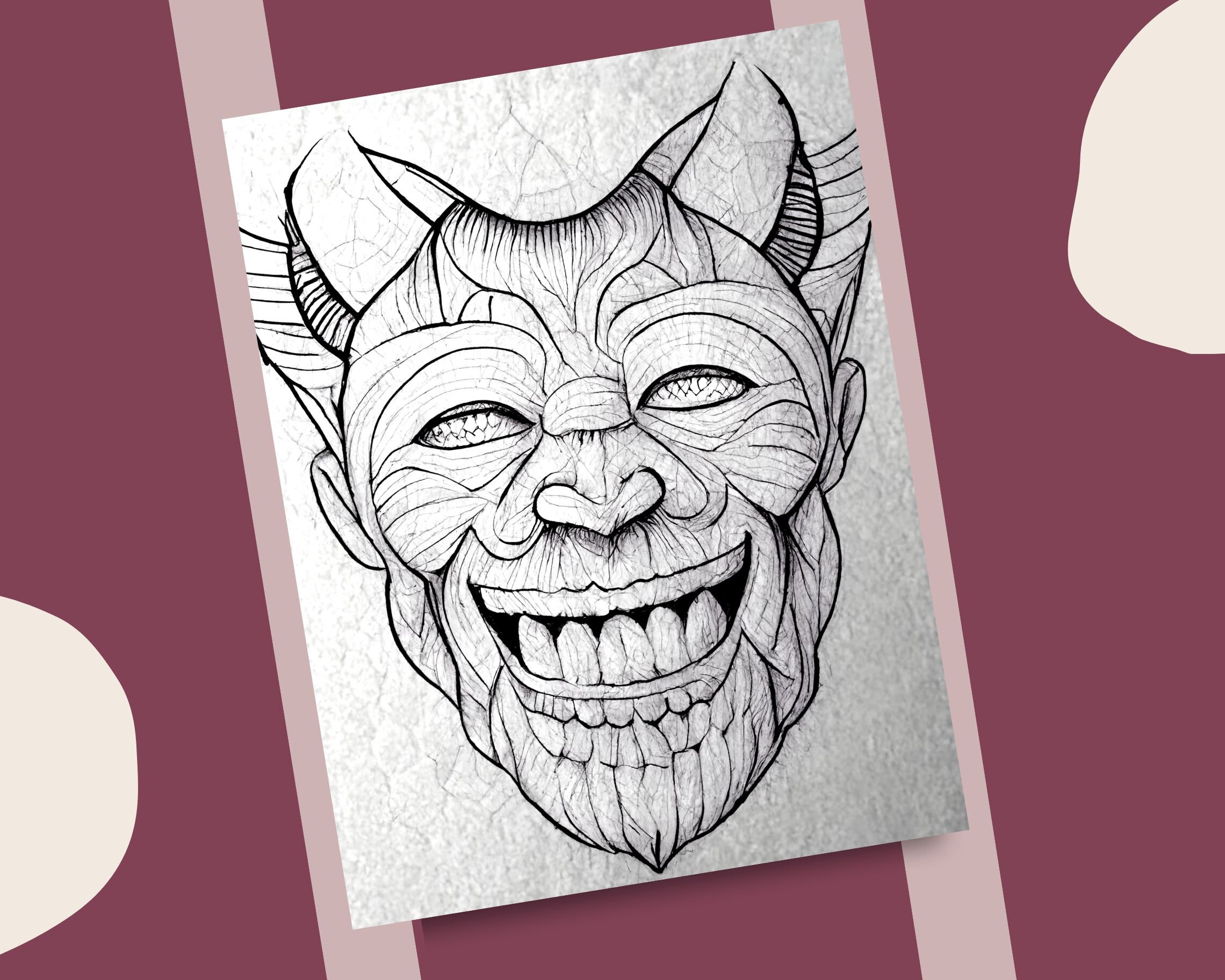 10 Devil Face Grayscale Coloring Pages Realistic Demon Faces ...