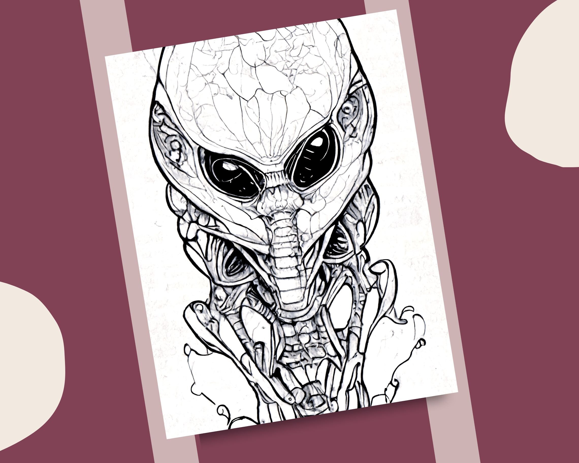10 Aliens Coloring Pages for Adults Bizarre Alien With Evil Eyes ...
