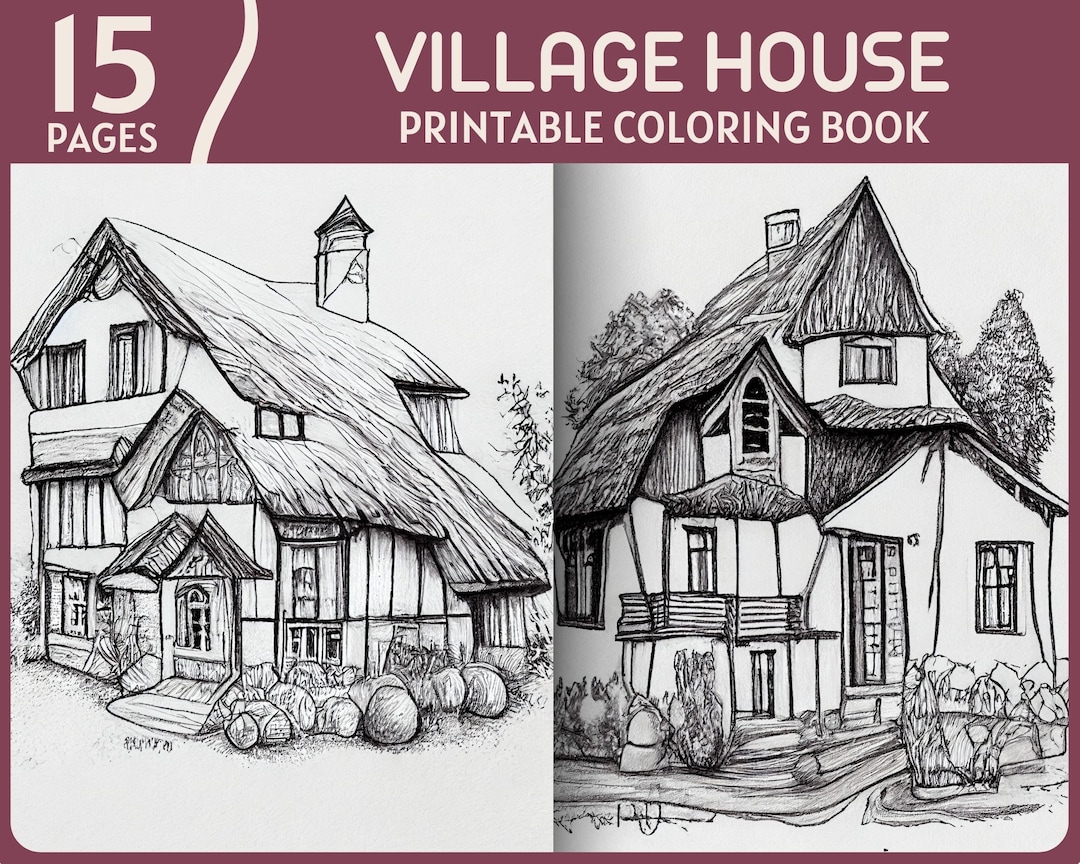 15 Village House Coloring Pages Wooden Villager Houses Illustrations ...