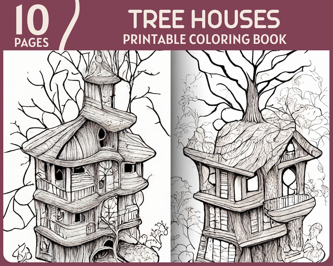 10 Tree Houses Coloring Pages Realistic Tree Nature Fantasy Life Wooden ...