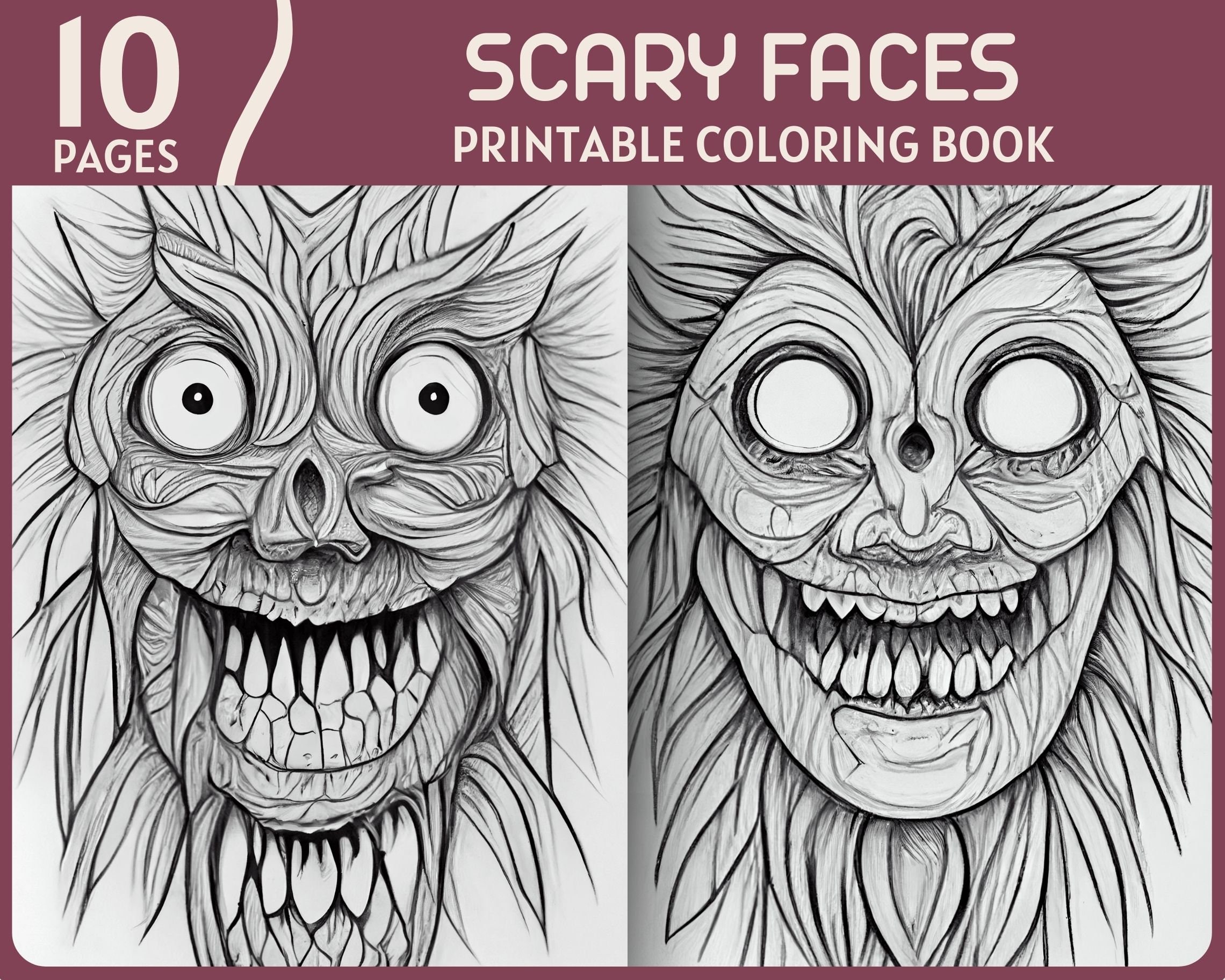 10 Scary Faces Coloring Pages Horror Theme Monsters - Etsy