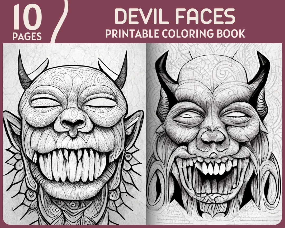 10 Devil Face Grayscale Coloring Pages Realistic Demon Faces ...