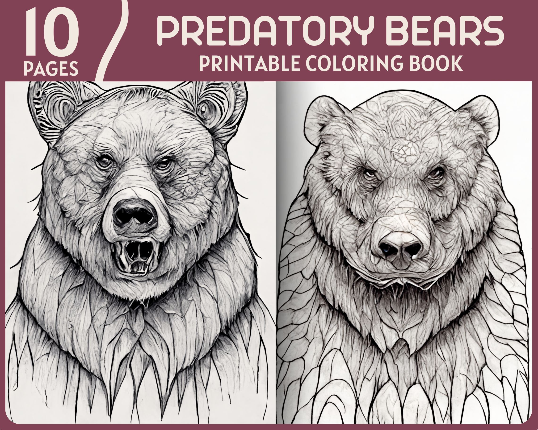 10 Predatory Bears Coloring Pages for Adults Angry Bears Horror Drawing ...