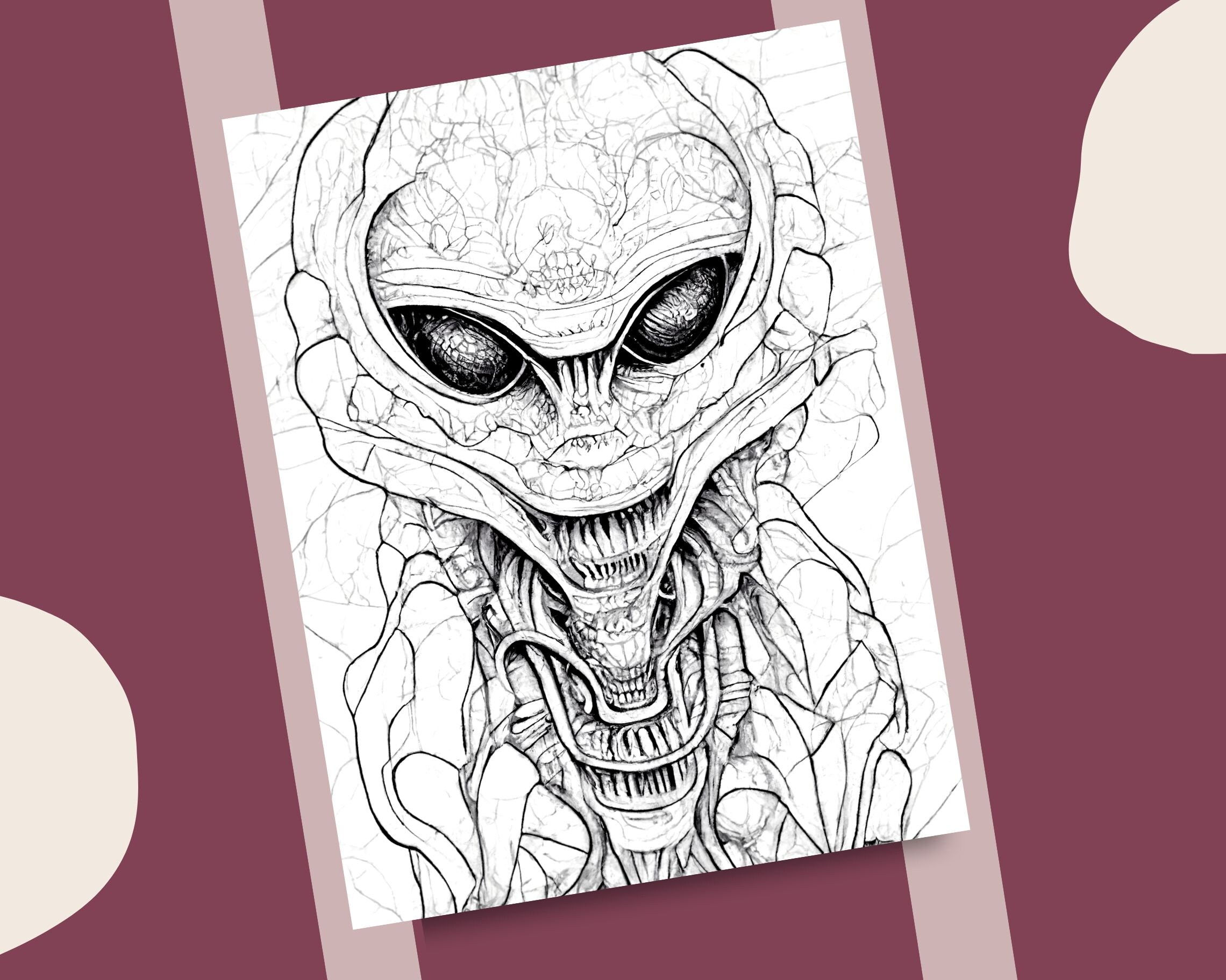 10 Aliens Coloring Pages for Adults Bizarre Alien With Evil Eyes ...