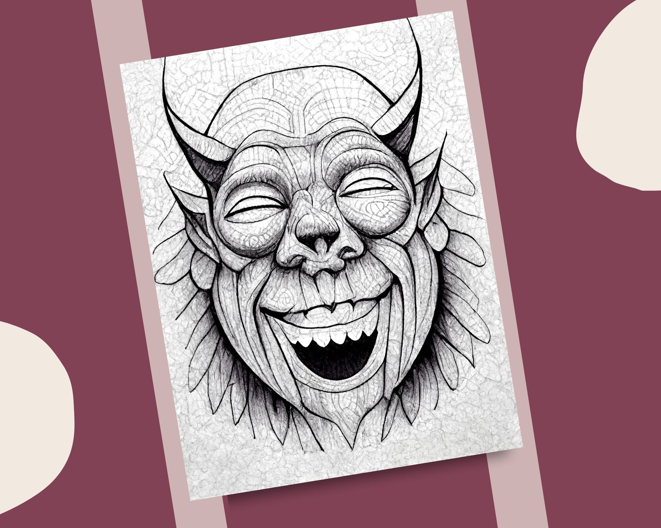 10 Devil Face Grayscale Coloring Pages Realistic Demon Faces ...