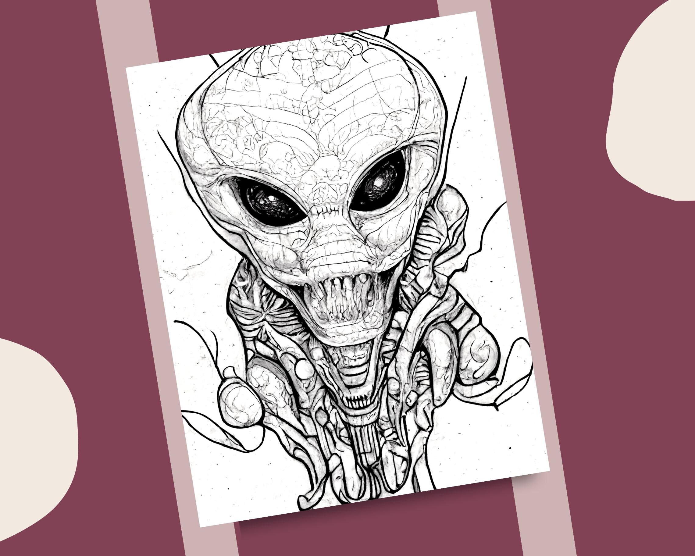 10 Aliens Coloring Pages for Adults Bizarre Alien With Evil Eyes ...