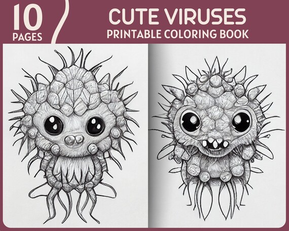 10 Cute Viruses Coloring Pages Grayscale Lovely Virus - Etsy