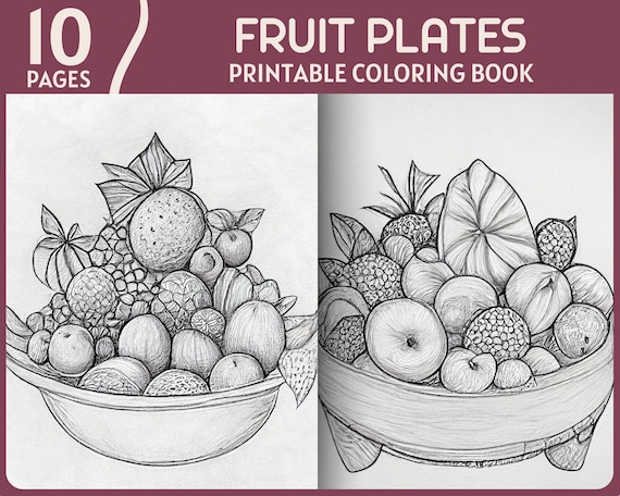 10 Fruit Plates Coloring Pages Grayscale Fruits Coloring - Etsy