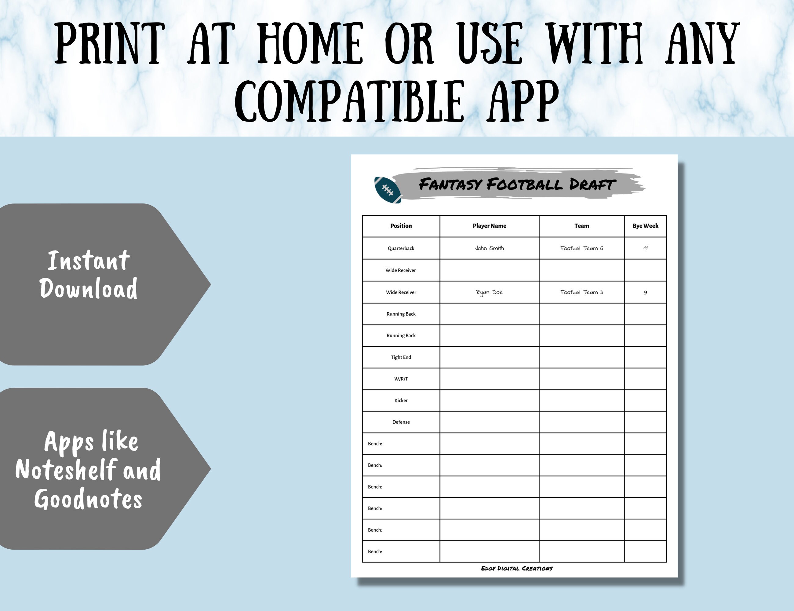 Fantasy Football Draft Sheet, Digital and Printable Draft Sheet, PDF ...