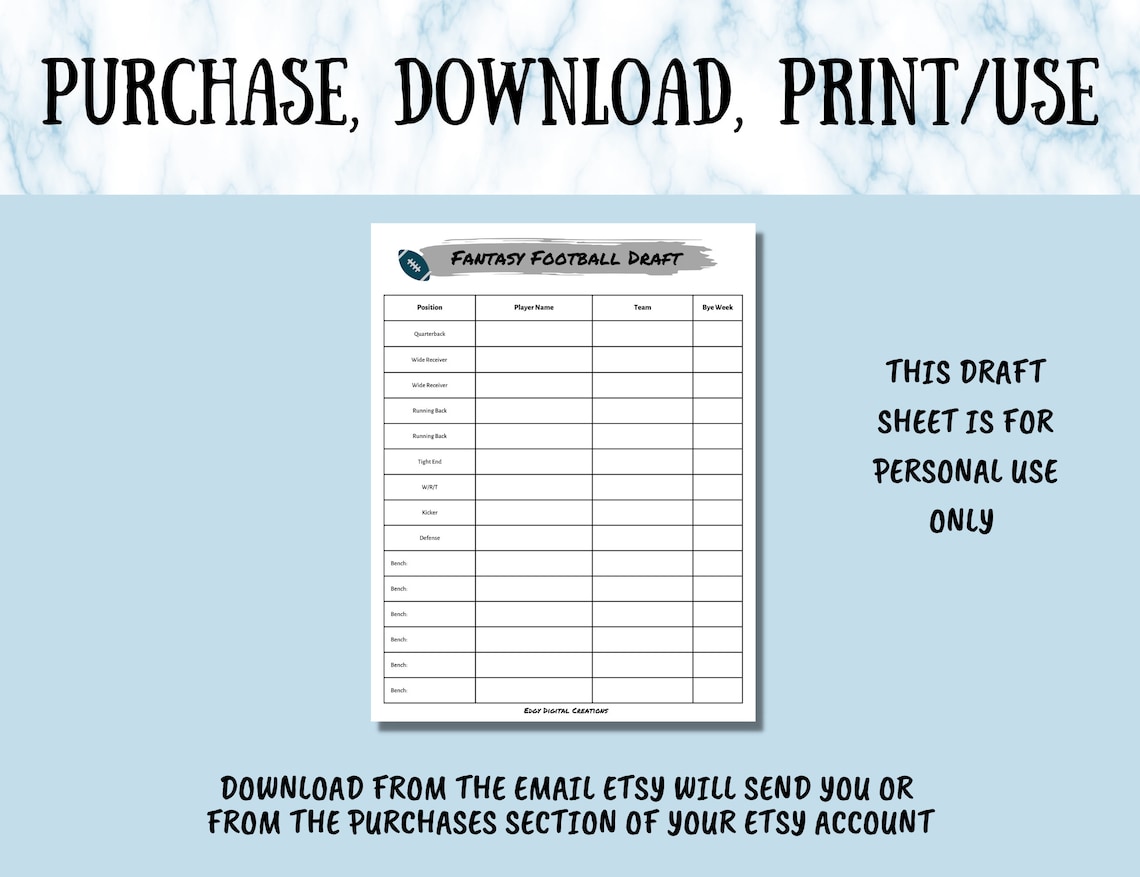 Fantasy Football Draft Sheet, Digital and Printable Draft Sheet, PDF ...