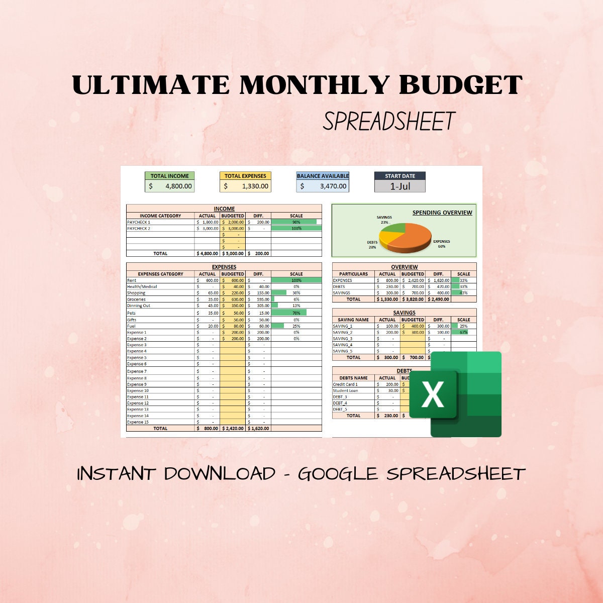 Monthly Budget Planner Excel Sheet Budget Planner Budget - Etsy