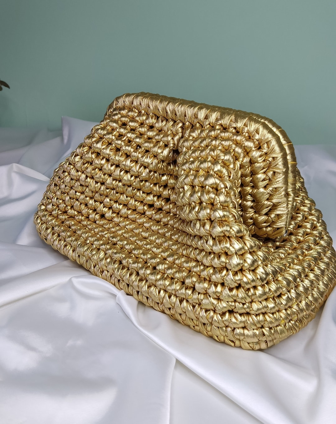 Knitted Gold Metallic Clutch Bag, Evening Crochet Pouch Bag, Beach ...