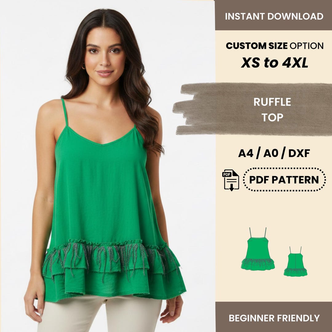 Women's Ruffle Top PDF Sewing Pattern | Elegant Green Strappy V-neck ...