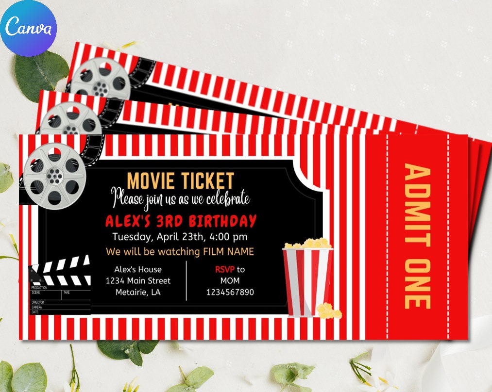 Movie Ticket Birthday Party Invitation | Movie Night Invitation | Movie ...