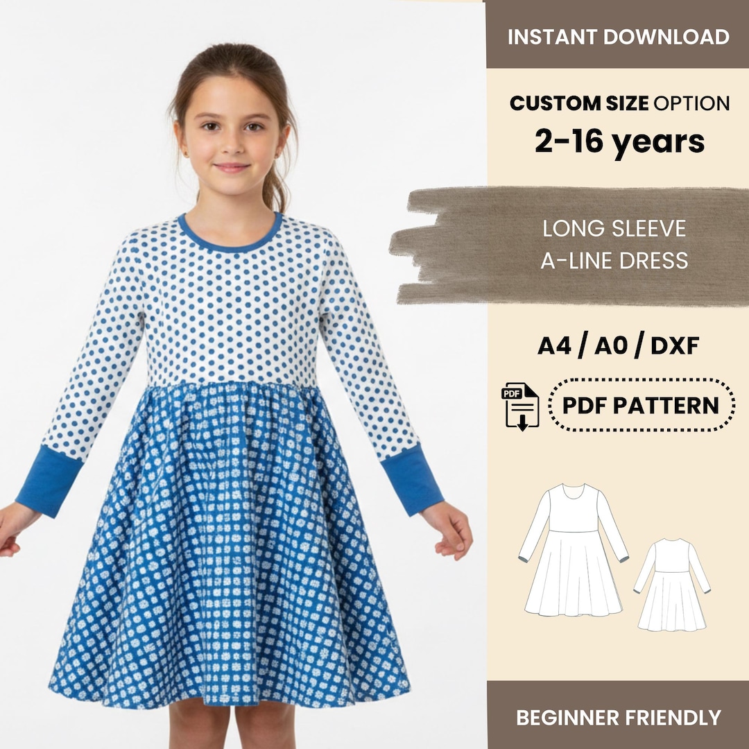 Long Sleeve A-line Dress PDF Pattern | Girls Fit and Flare Dress 2-16 ...