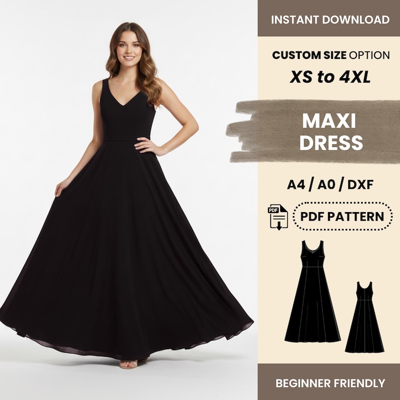 Maxi Dress Sewing Pattern | Elegant Fitted V-neck Gown XS–4XL | Flowing ...
