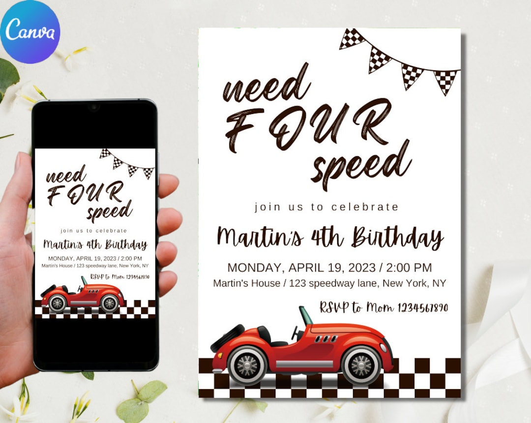 Need FOUR Speed Birthday Invitation | Race Car Invite | 4th Birthday ...