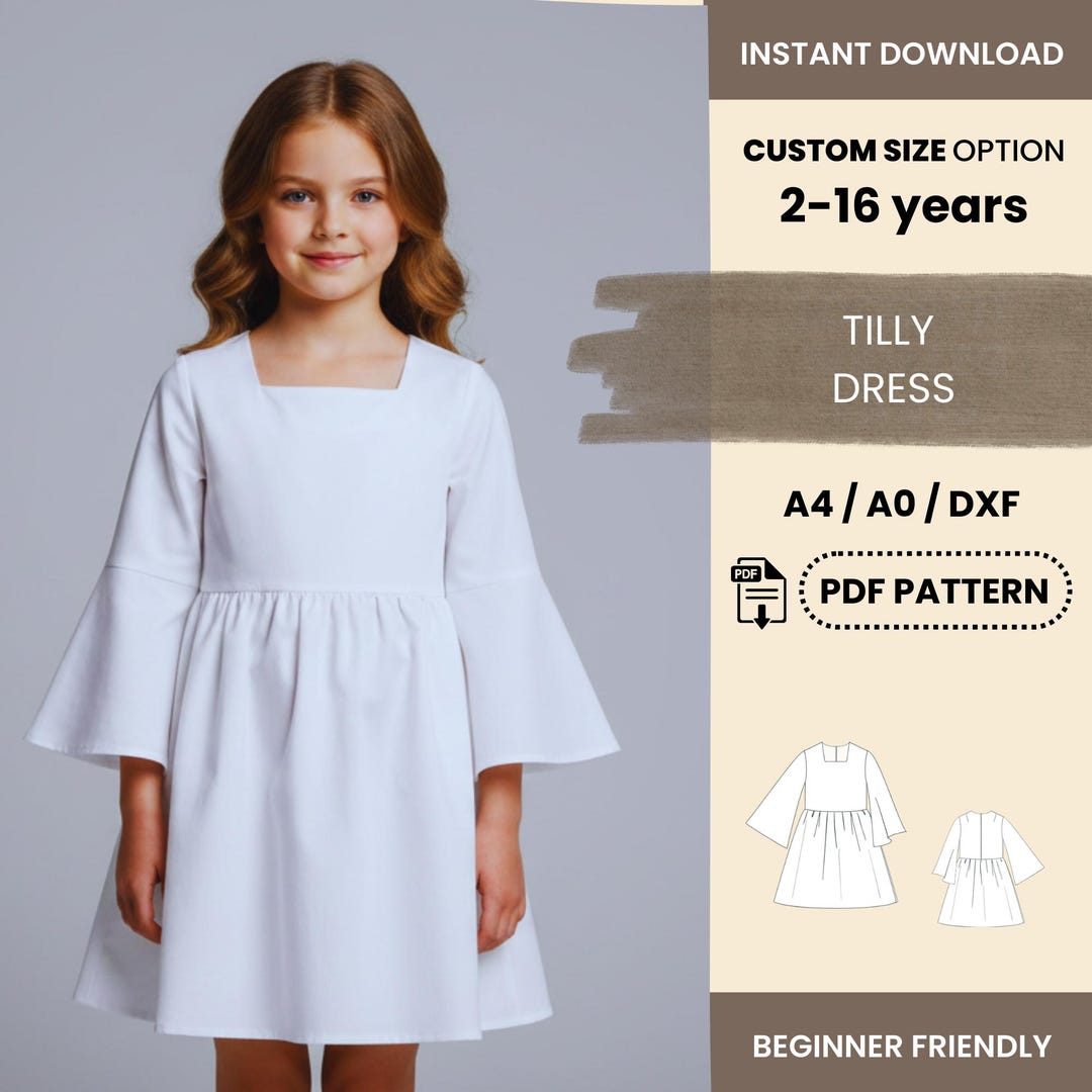 Girls Tilly Dress Sewing Pattern | Bell Sleeve A-line Dress 2–16Y ...