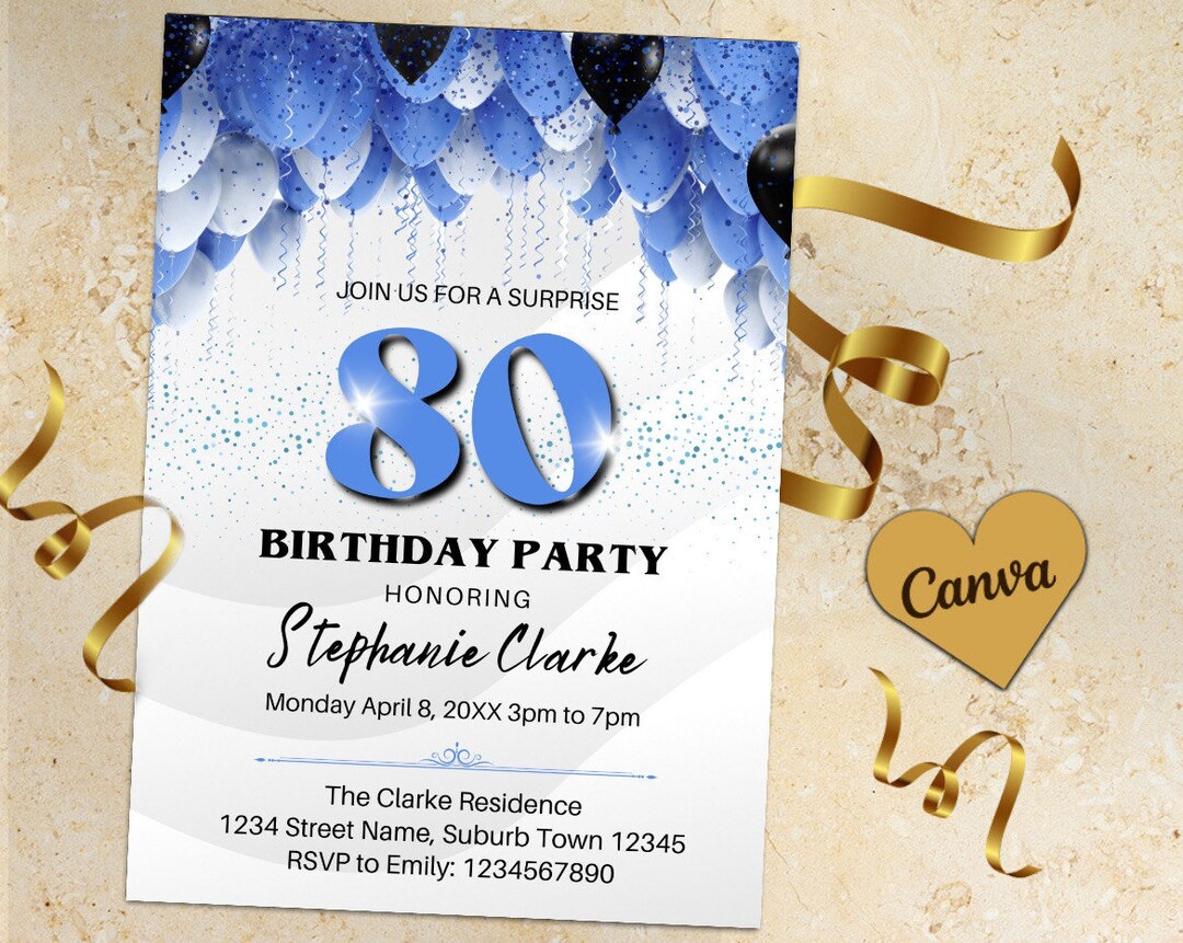 80th Birthday Invitation EIGHTY Party Blue & White DIGITAL Editable ...