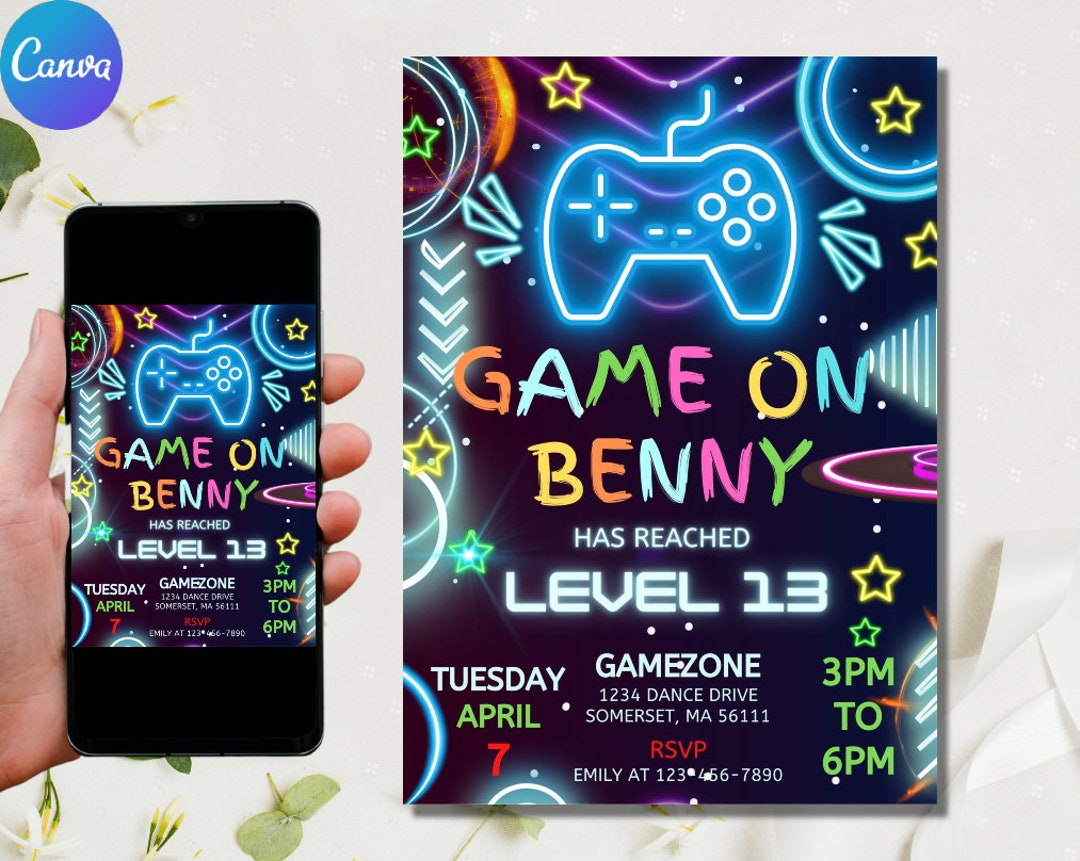 Video Game Birthday Party Invitation Gamer Birthday Invite Neon Game video-game-birthday-party-invitation-gamer-birthday-invite-neon-game