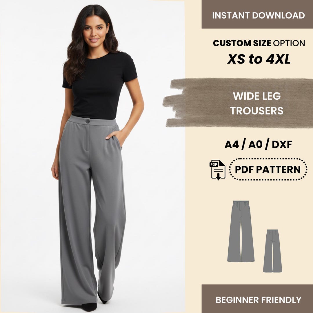 Women's Wide Leg Trousers PDF Pattern | High Waisted Relaxed Fit Grey ...