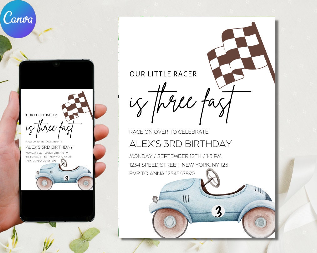 Three Fast Birthday Invitation Race Car Invite 3rd Birthday Invite ...