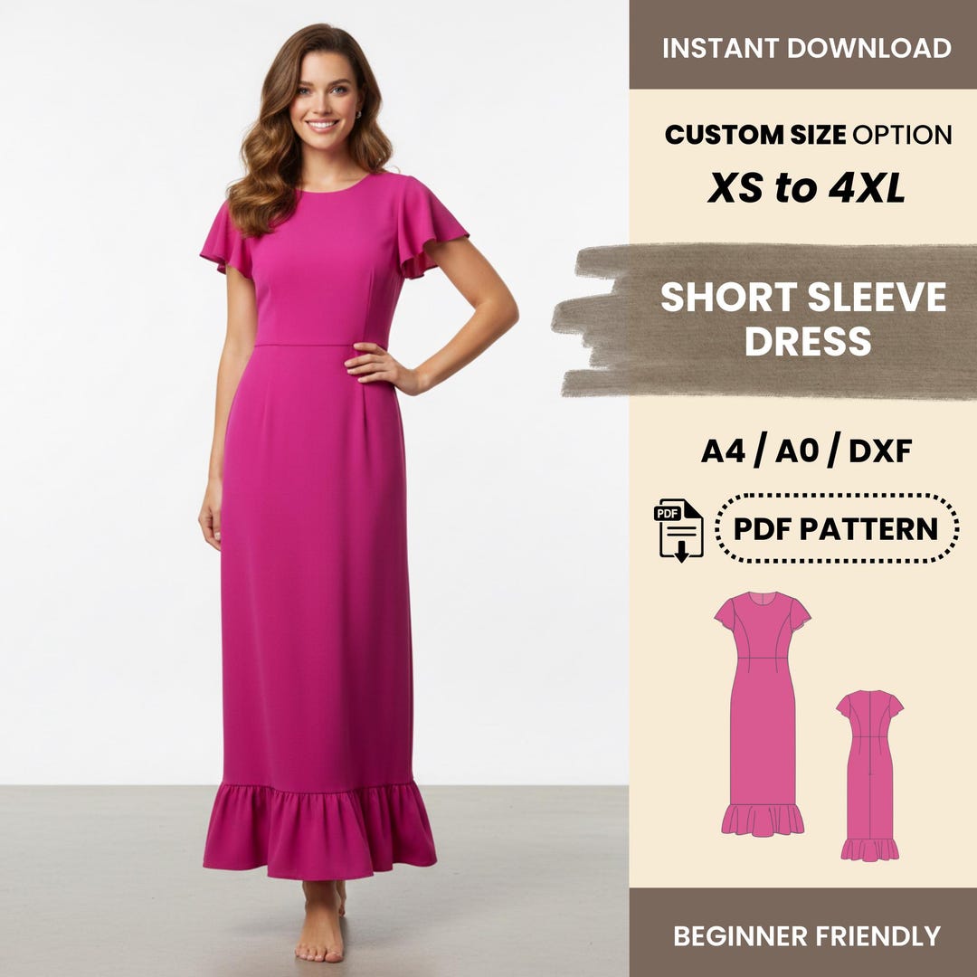 Short Sleeve Maxi Dress Sewing Pattern | Elegant Ruffle Hem Dress XS ...