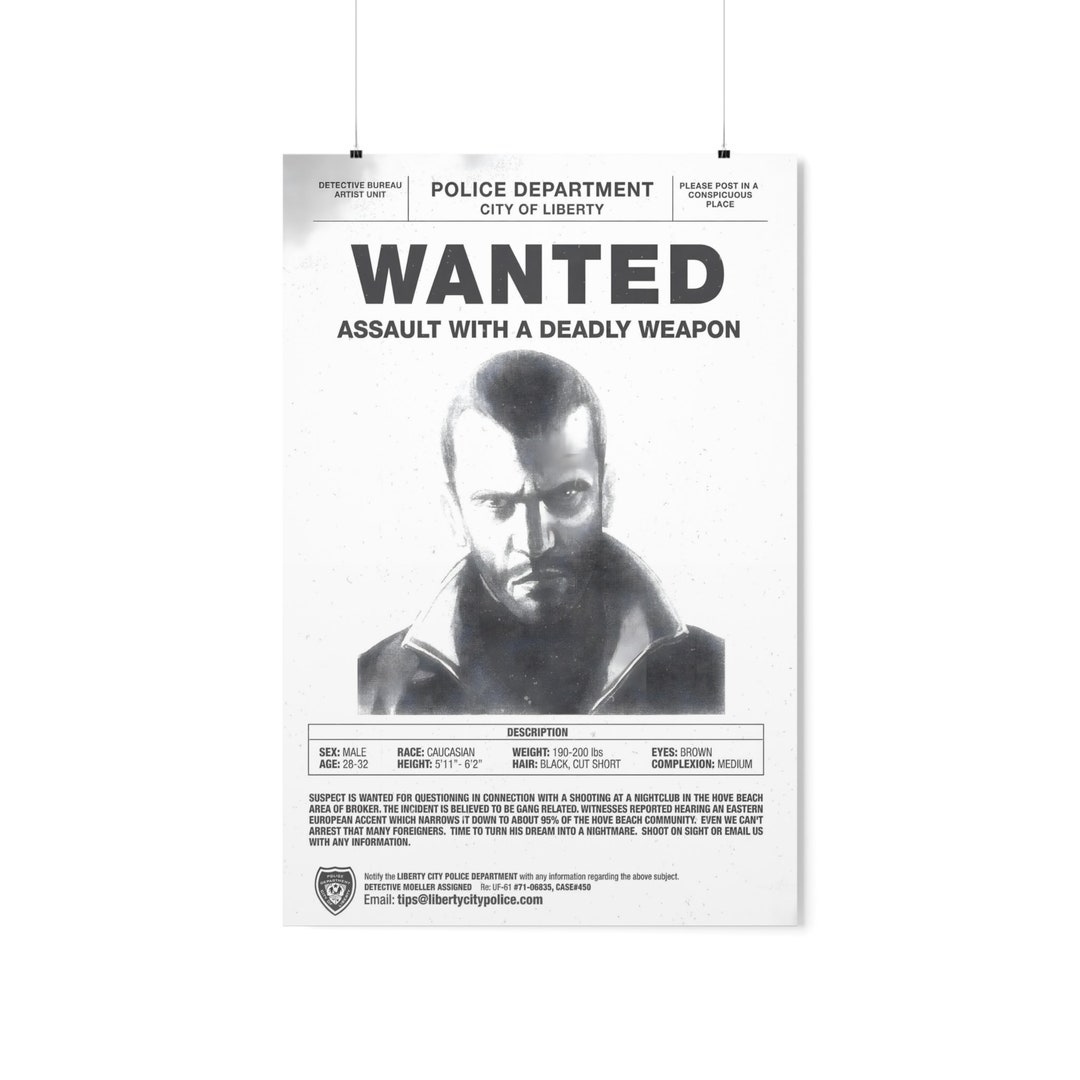 Nico Bellic Wanted Poster GTA IV Gaming Poster HD Color Game Poster ...