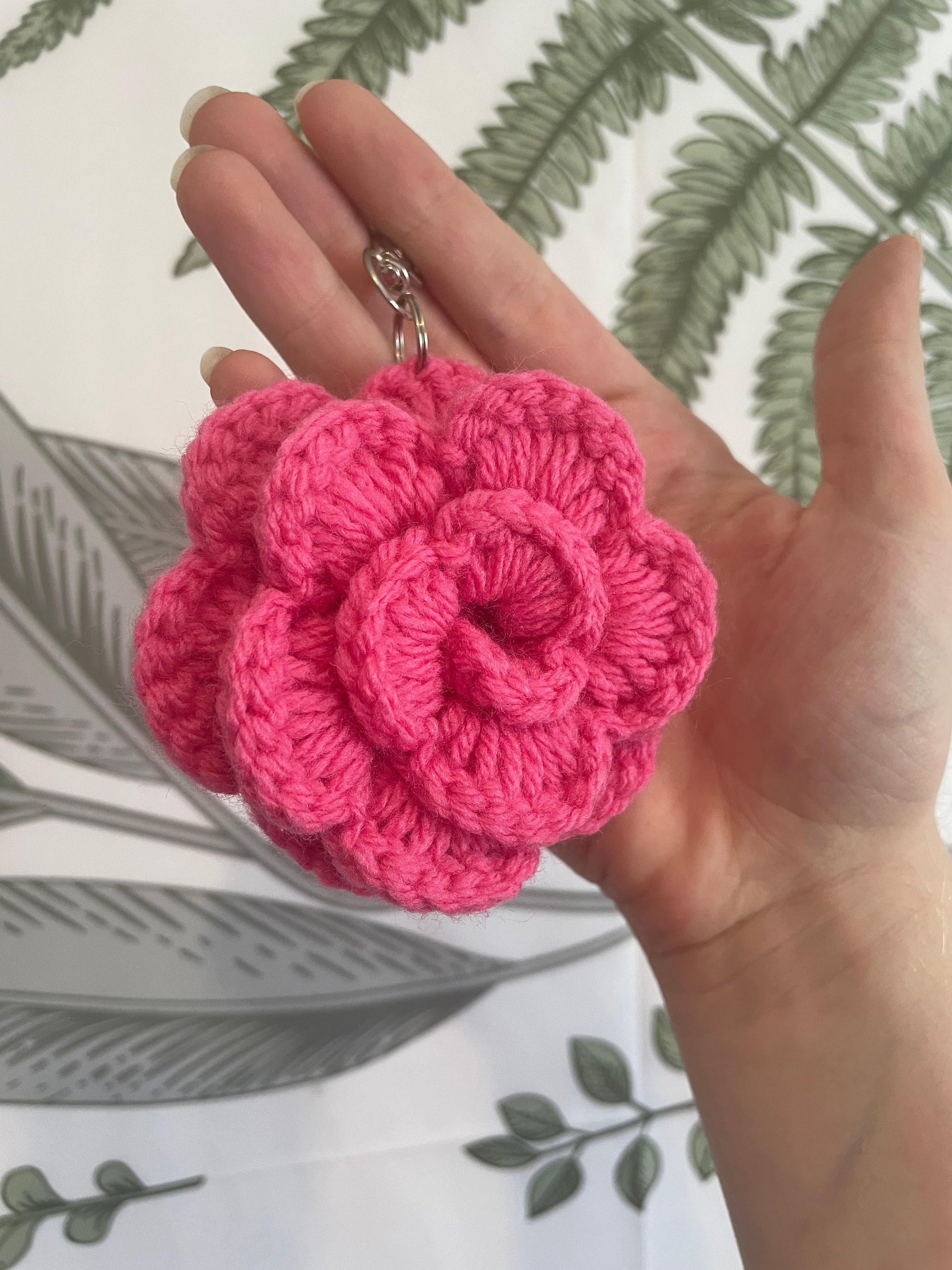 Rose Keychain Crochet Flower Decor Purse and Backpack Charm Pink Flower ...