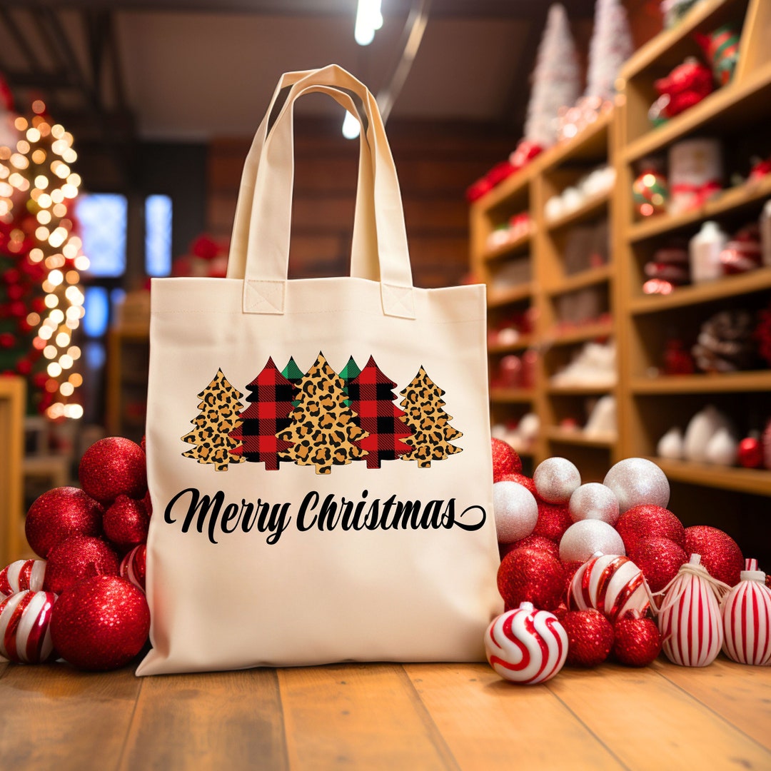Merry Christmas Tote Bag, Cute Canvas Tote Bag, Christmas Tree Tote Bag ...