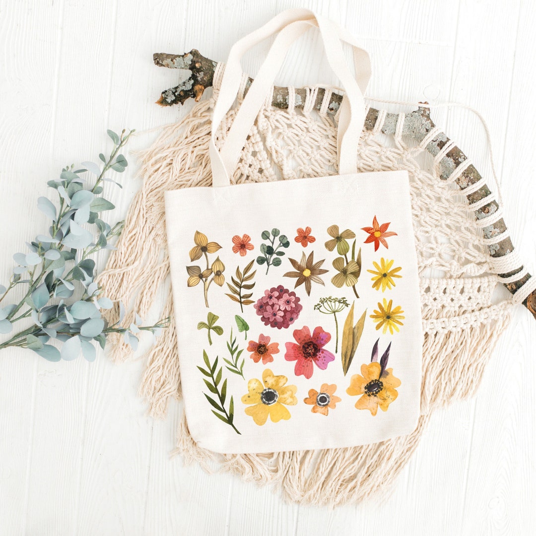 Pressed Flowers Tote Bag, Wildflower Tote Bag, Watercolour Flowers Tote ...