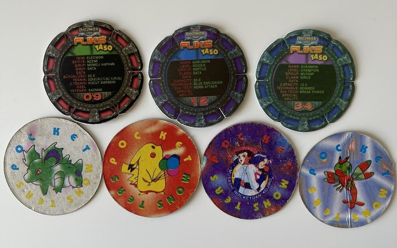 Rare Vintage Unseen Pokemon and Digimon Caps Slammers Pogs Tazos Tasos ...