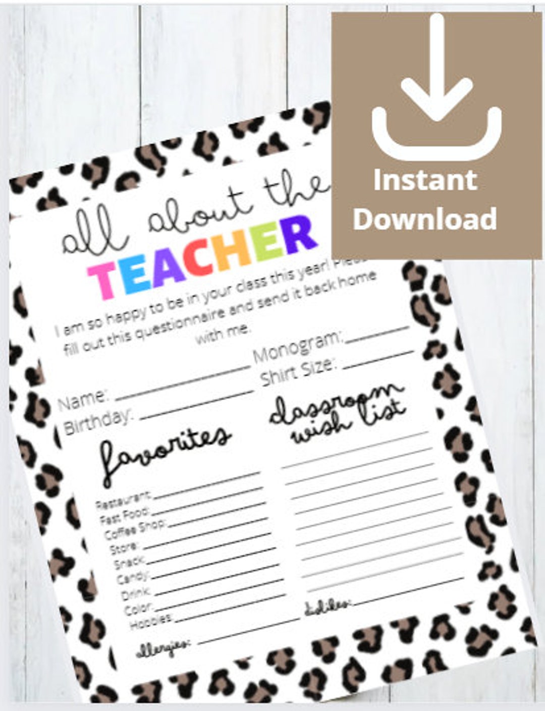 Teacher Favorites Questionnaire, All About the Teacher, Back to School ...