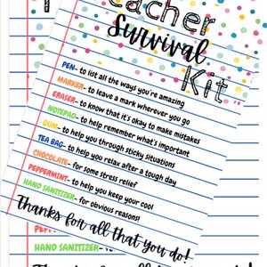 Printable Teacher Survival Kit Gift Tag- Teacher Gift- Teacher ...