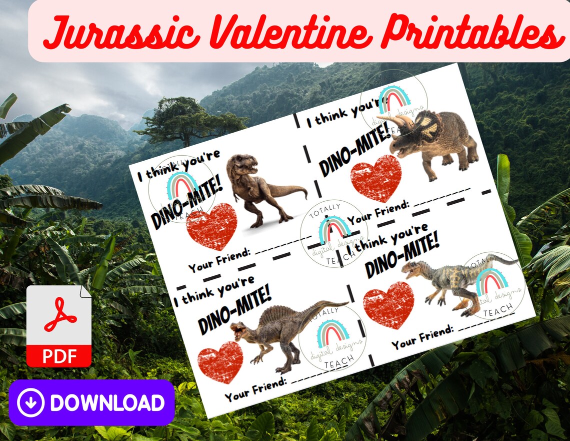 Dinosaur Printable Valentine's Day Cards Favors Kids - Etsy