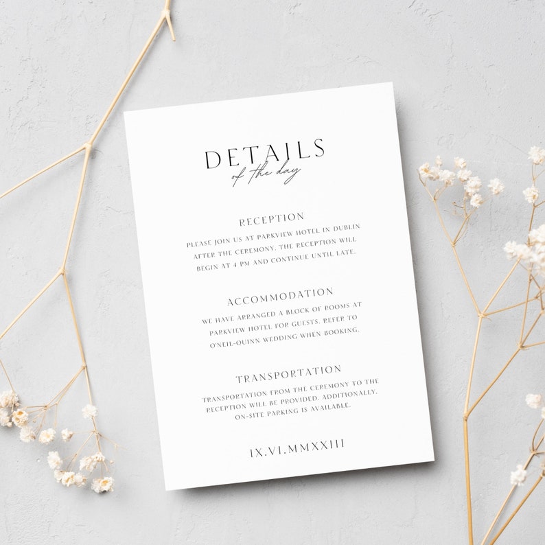 Minimalist Wedding Details Card Template, Editable Simple Wedding ...