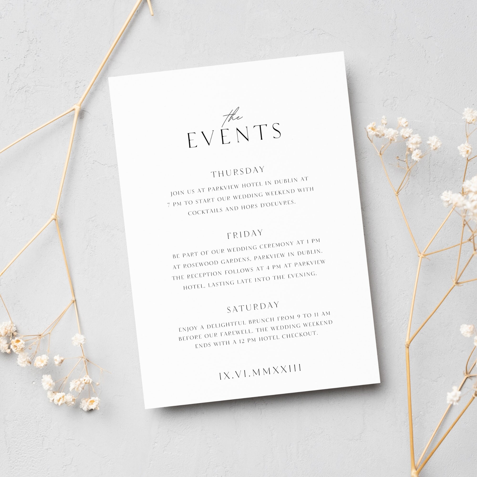 Minimalist Wedding Events Card Template, Editable Simple Wedding Events ...