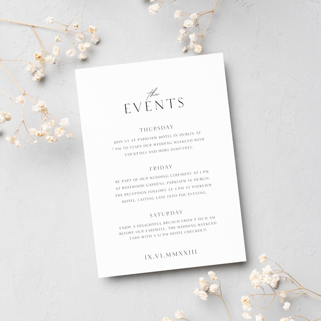 Minimalist Wedding Events Card Template, Editable Simple Wedding Events ...