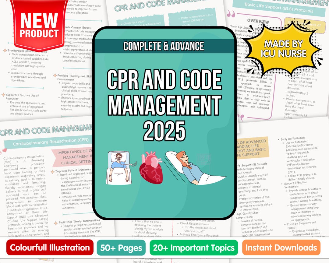 CPR and Code Management ICU Notes, Nurse Study Note Guide, Nclex Prep ...