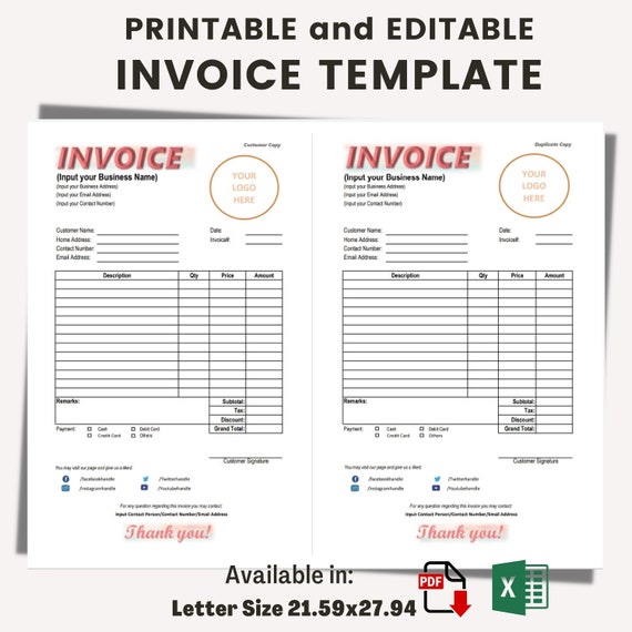 Excel Template Invoice Template Invoice Editable Template - Etsy
