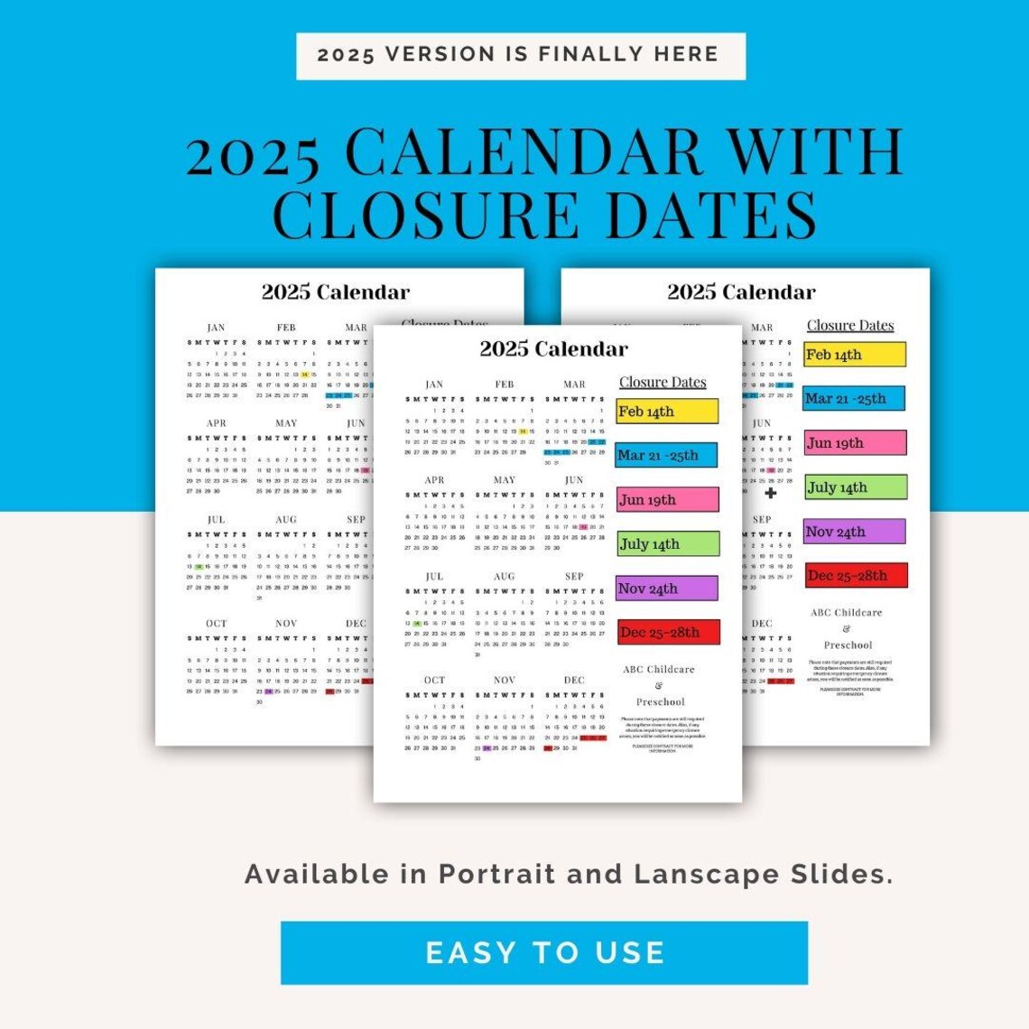 FREE!!! 2024 Holiday Closure Calendar Template With Purchase of 2025 ...