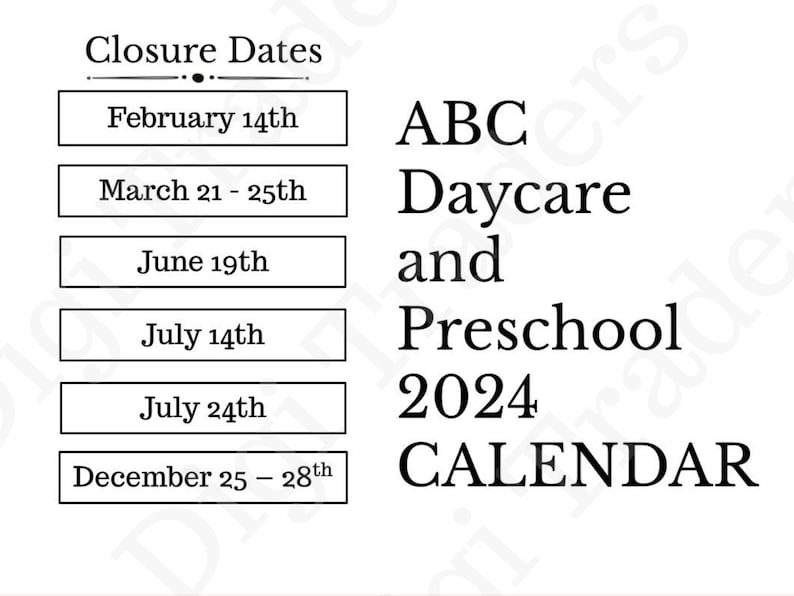 2024 Closure Calendar Template With Days the Business is Closed ...